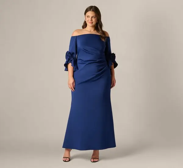 Adrianna Papell Off Shoulder Bell Sleeve Rosette Gown - Navy Sateen