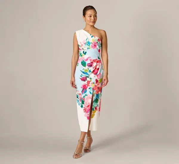 Adrianna Papell One Shoulder Floral Twill Midi Dress - Blue Multi