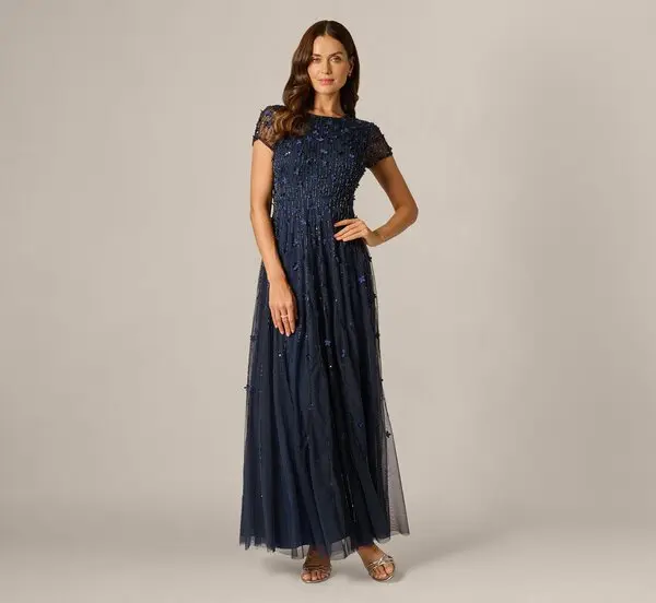 Adrianna Papell Short Sleeve Linear 3d Floral Beaded Gown