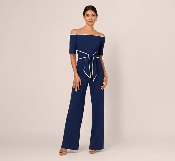 Adrianna Papell Knit Crepe Off-the-shoulder Jumpsuit - Navy Sateen/ivory