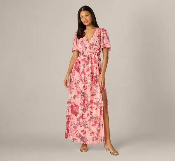 Adrianna Papell Flutter Sleeve Floral Print Embroidered Wrap Maxi Dress - Blush Multi