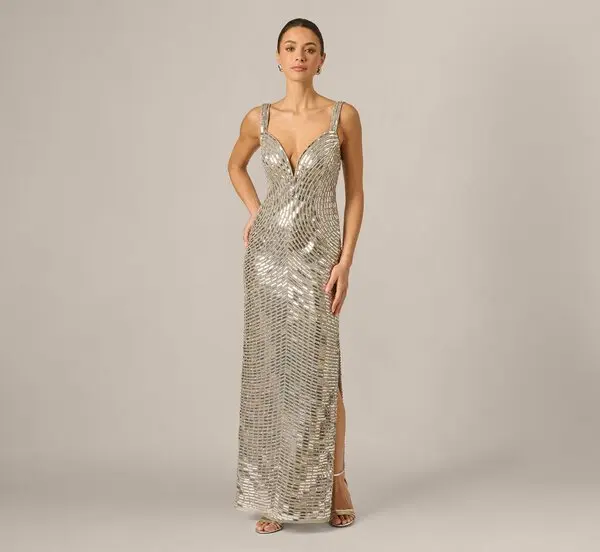Adrianna Papell Plunge Neck Mirror Beaded Gown - Silver