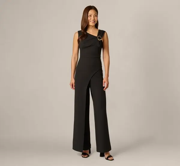 Adrianna Papell Buckle Shoulder Overlay Jumpsuit - Black