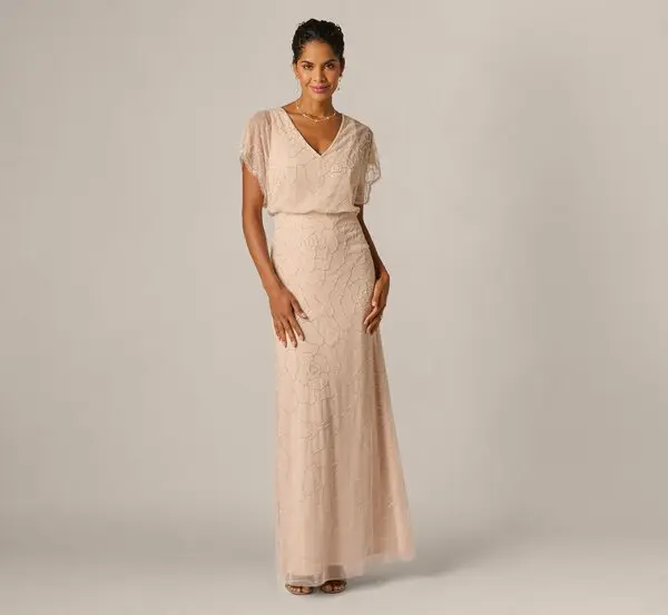 Adrianna Papell Short Sleeve Rose Floral Beaded Gown