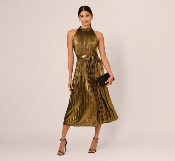 Adrianna Papell Halter Pleated Metallic Dress - Gold