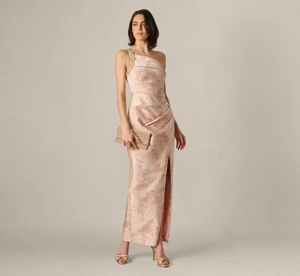 Aidan Mattox Beaded One-shoulder Floral Jacquard Draped Gown