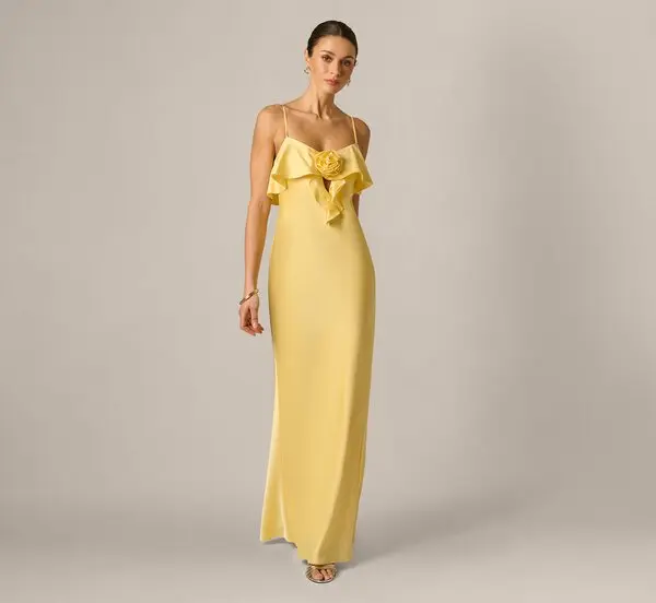 Adrianna Papell Stretch Satin Flounce Rosette Slip Gown - Butter Yellow