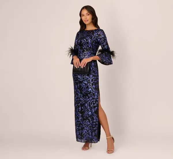 Adrianna Papell Sequin Embroidered Gown With Feathered Sleeves