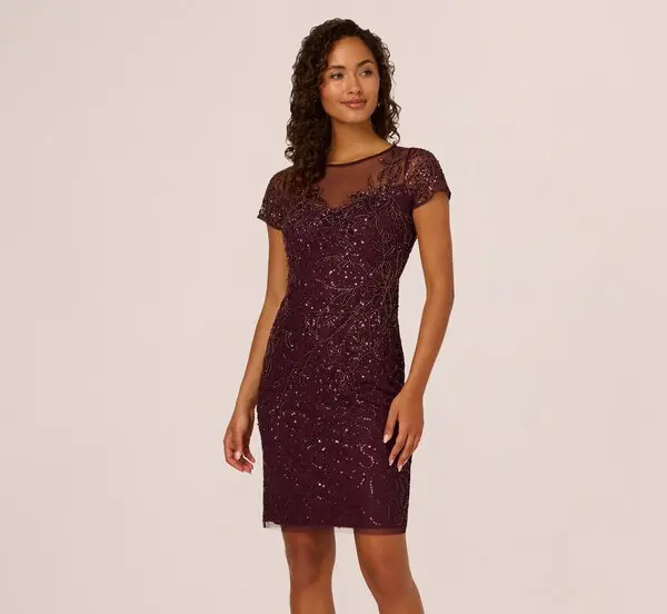 Adrianna Papell Beaded Short Sleeve Sheath Dress - Night Plum