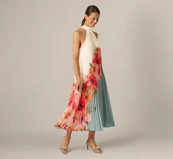 Adrianna Papell Pleated Chiffon Floral Midi Trapeze Dress - Blue Multi
