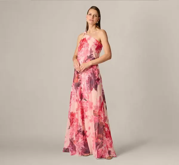 Aidan Mattox One Shoulder Peony Floral Chiffon Scarf Gown