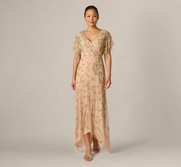 Adrianna Papell Flutter Sleeve Beaded Wrap Gown - Blush Multi