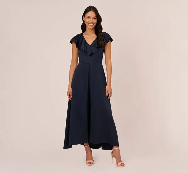 Adrianna Papell Satin Crepe Ruffled Cropped Jumpsuit - Dark Navy
