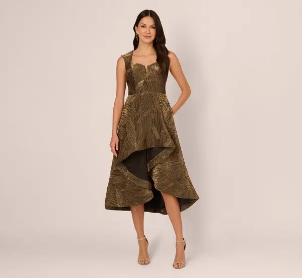 Adrianna Papell Textured Jacquard High Low Dress With Notched Neck - Metallic Gold