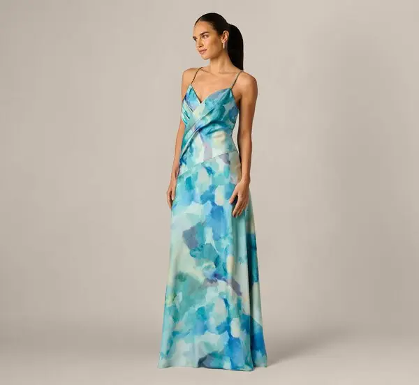 Adrianna Papell Draped Watercolor Gown - Blue Multi