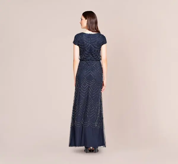 Adrianna Papell Short Sleeve Beaded Blouson Gown - Navy
