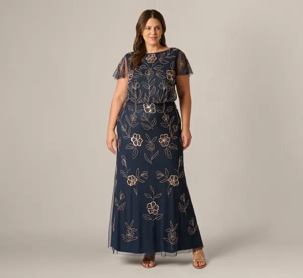 Adrianna Papell Flutter Sleeve Floral Beaded Blouson Gown In Navy Rosegold - Navy/rosegold