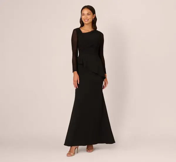 Adrianna Papell Knit Crepe Combo Mesh Gown - Black