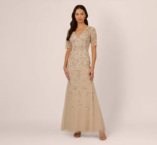 Adrianna Papell 3d Floral Beaded Mermaid Gown With Sheer Short Sleeves - Biscotti