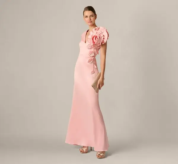 Aidan Mattox Stretch Mikado Rosette Shoulder Gown