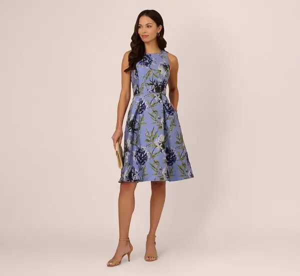 Adrianna Papell Sleeveless Jacquard Fit And Flare Midi Dress - Blue Multi