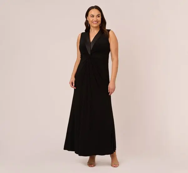Adrianna Papell Matte Jersey Twist Front Tuxedo Long Gown - Black