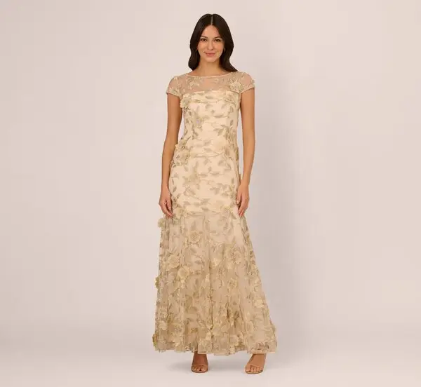 Adrianna Papell Cap Sleeve Floral Embroidered Illusion Godet Gown - Champagne