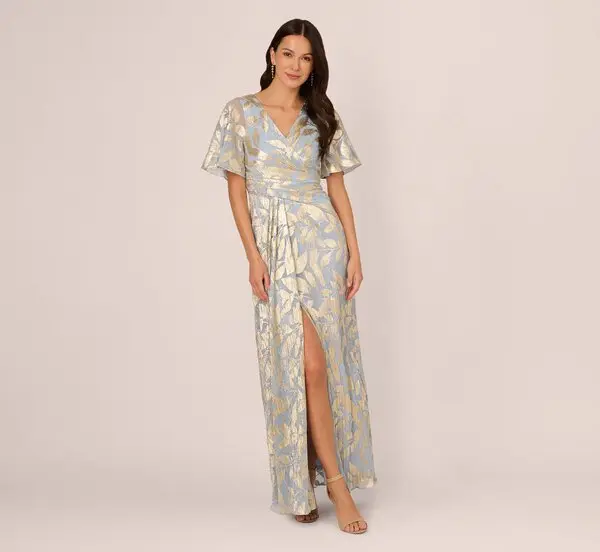 Adrianna Papell Foil Leaf Short Sleeve Gown With Draped Details In Light Blue Gold - Light Blue/gold