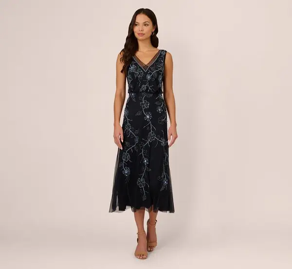 Adrianna Papell Sleeveless Beaded Blouson Midi Dress - Midnight Multi