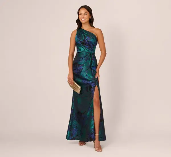 Adrianna Papell One Shoulder Jacquard Mermaid Gown With Drape Detail In Cobalt Teal - Cobalt/teal