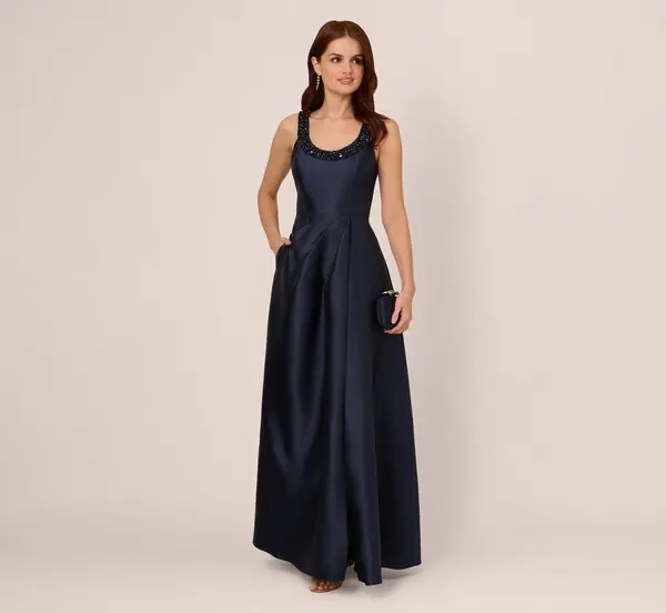Adrianna Papell Sleeveless Beaded Mikado Fit And Flare Gown - Midnight