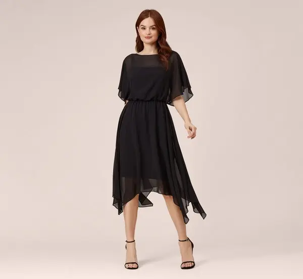 Adrianna Papell Chiffon Blouson Midi Dress With Flutter Sleeves - Black
