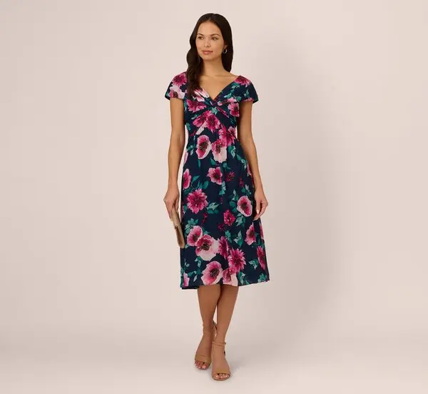 Adrianna Papell Cap Sleeve Floral Chiffon A Line Midi Dress In Navy Pink Multi - Navy/pink Multi