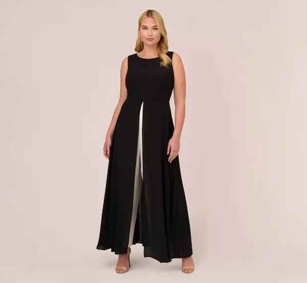 Adrianna Papell Color Block Jumpsuit With Skirt Overlay - Black/ivory