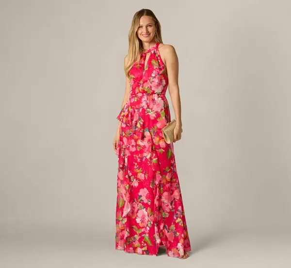 Adrianna Papell Floral Chiffon Keyhole Halter Maxi Dress - Pink Multi
