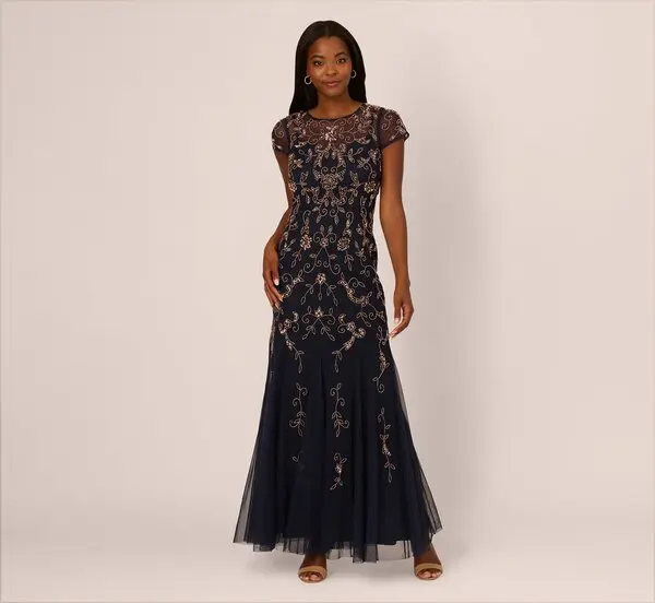 Adrianna Papell Floral Beaded Godet Gown With Sheer Neck And Short Sleeves In Navy Rosegold - Navy/rosegold