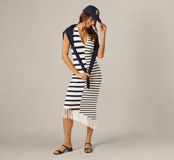 Adrianna Papell Striped Asymmetrical Fringe Halter Midi Dress - Ivory/navy