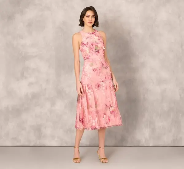 Aidan Mattox Sleeveless Embroidered Side Flounce Midi Dress - Pink Multi