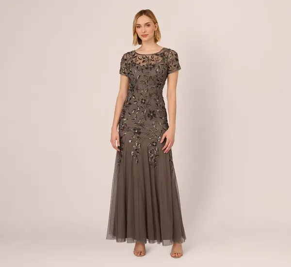 Adrianna Papell Hand Beaded Short Sleeve Floral Godet Gown - Lead