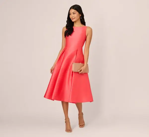 Adrianna Papell Sleeveless Mikado Fit And Flare Midi Dress With V-back - Desert Flower