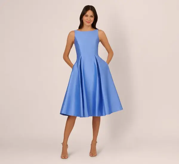 Adrianna Papell Sleeveless Mikado Fit And Flare Midi Dress With V-back - Electric Ice