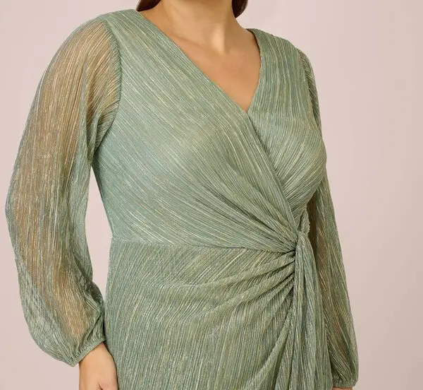 Adrianna Papell Metallic Crinkled Mesh Draped Long Gown - Green Slate