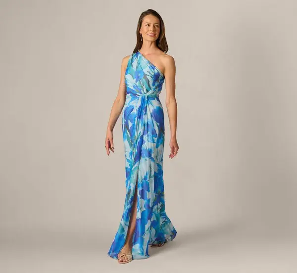 Adrianna Papell One Shoulder Floral Chiffon Draped Gown - Blue Multi