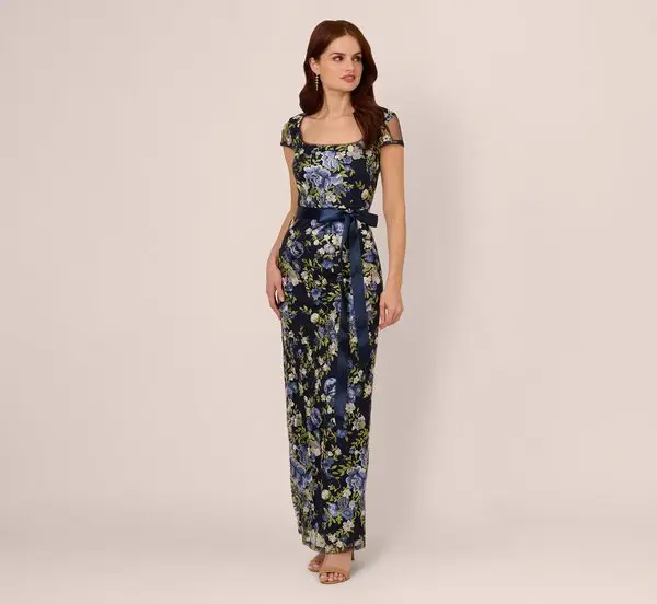 Adrianna Papell Embroidered Floral Cap Sleeve Column Gown - Navy Multi