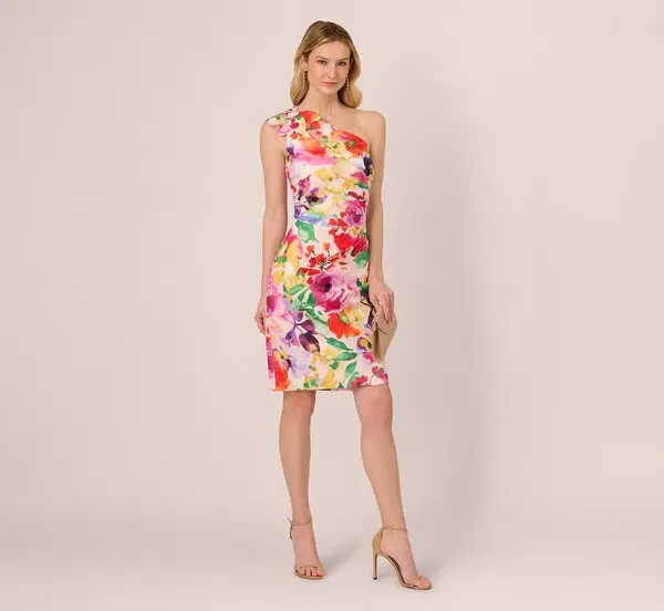 Adrianna Papell One Shoulder Rosette Floral Sheath Dress - Pink Multi