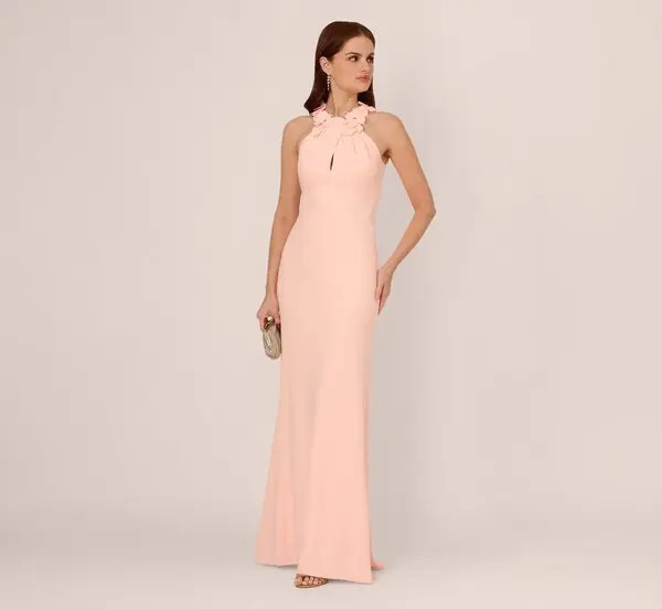 Adrianna Papell Floral Embellished Crossover Halter Gown - Peach Kiss