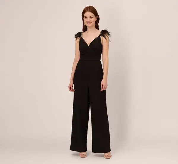 Adrianna Papell Crepe Jumpsuit With Feather Accents - Black