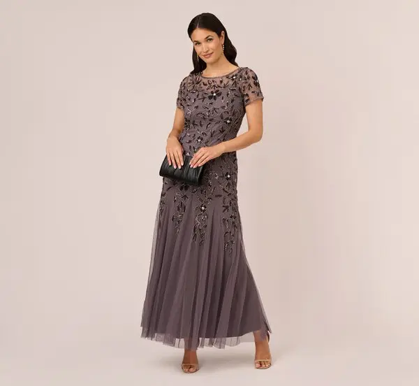 Adrianna Papell Hand Beaded Short Sleeve Floral Godet Gown - Moonscape