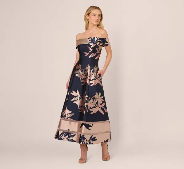 Adrianna Papell Off Shoulder Tone Jacquard Fit And Flare Midi Dress In Navy Blush - Navy/blush