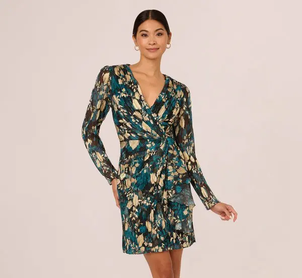 Adrianna Papell Crinkle Foil Wrap Dress In Teal Sapphire Gold - Teal Sapphire/gold